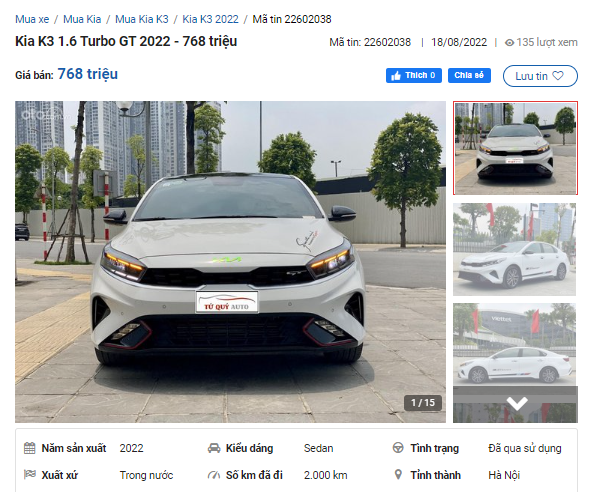 giá xe KIA K3 GT 2022 lướt
